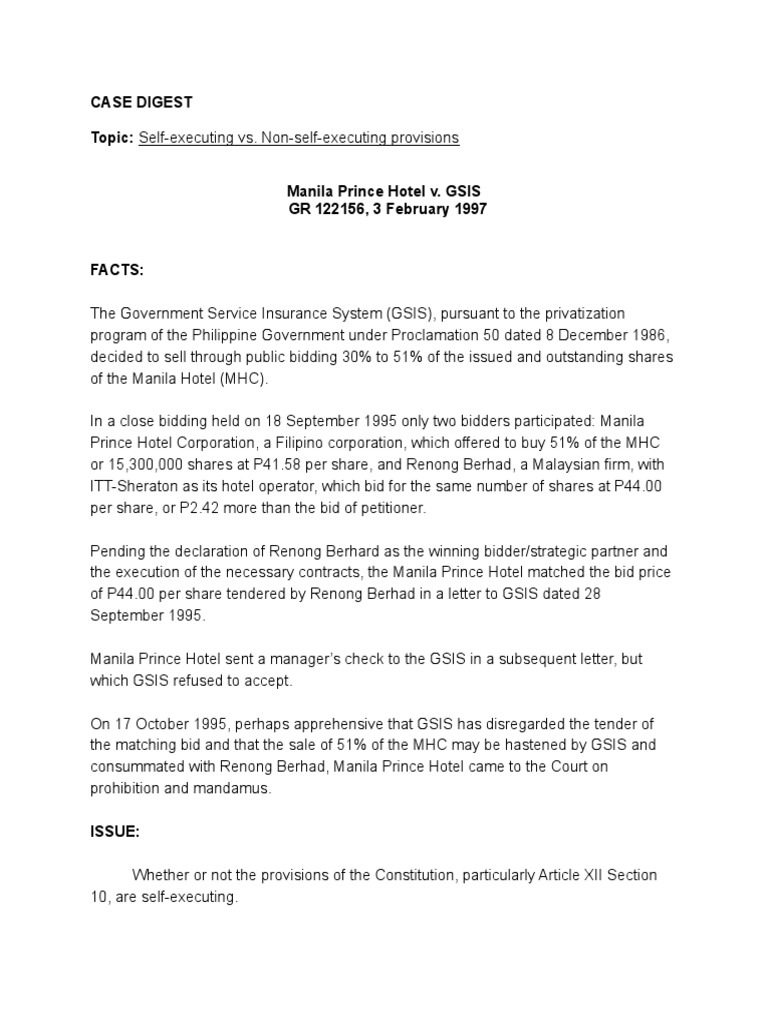 Case Digest - Manila Prince Hotel V GSIS GR 122156, 3 February 1997 | PDF | Constitution ...