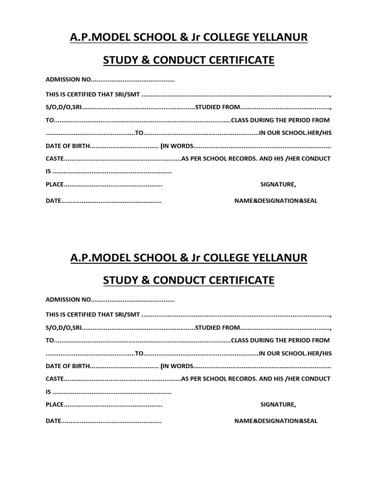A.P.Model School & JR College Yellanur Study & Conduct Certificate | PDF