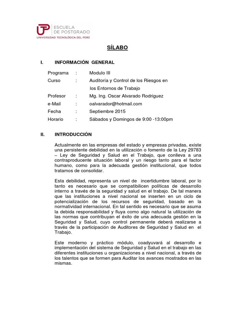 Silabo Modulo III Auditoria y Control de Los Riesgos en Los Entornos de Trabajo | PDF ...