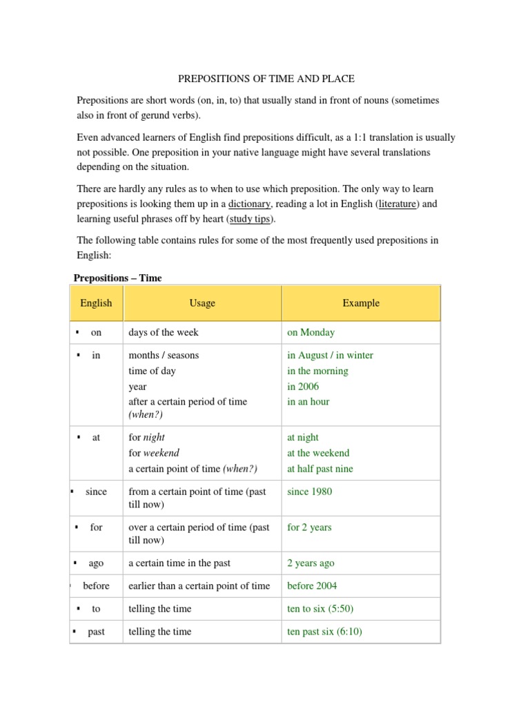 Prepositions of Time and Place | PDF | Preposition And Postposition ...