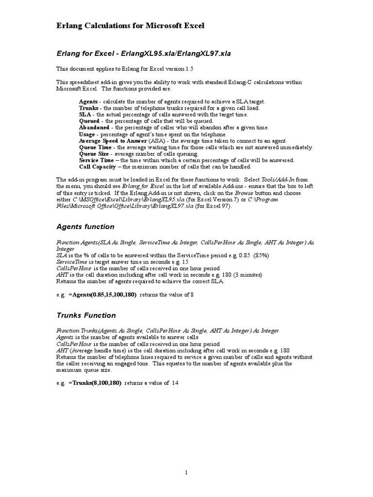Erlang Calculations For Microsoft Excel | PDF | Computing | Areas Of ...