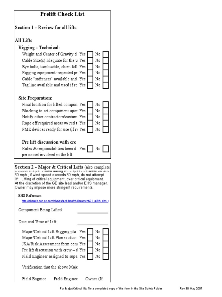 Prelift Check List: Section 1 - Review For All Lifts: All Lifts Rigging ...