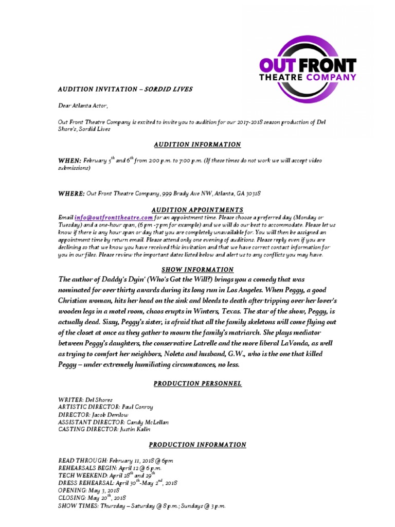 Audition Invite - Sordid Lives | PDF | Audition | Performing Arts