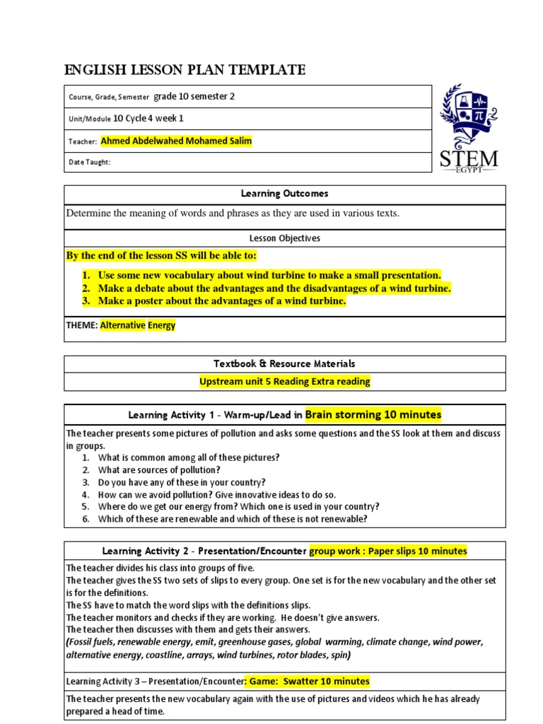 English Lesson Plan Template: Determine The Meaning of Words and ...