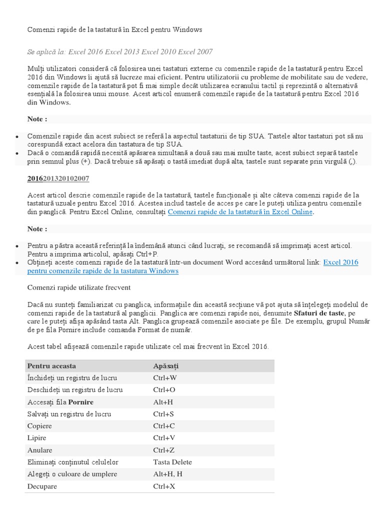 Comenzi Rapide de La Tastatură În Excel Pentru Windows | PDF