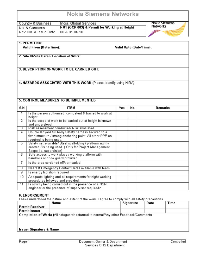 Permit For Working at Height | PDF