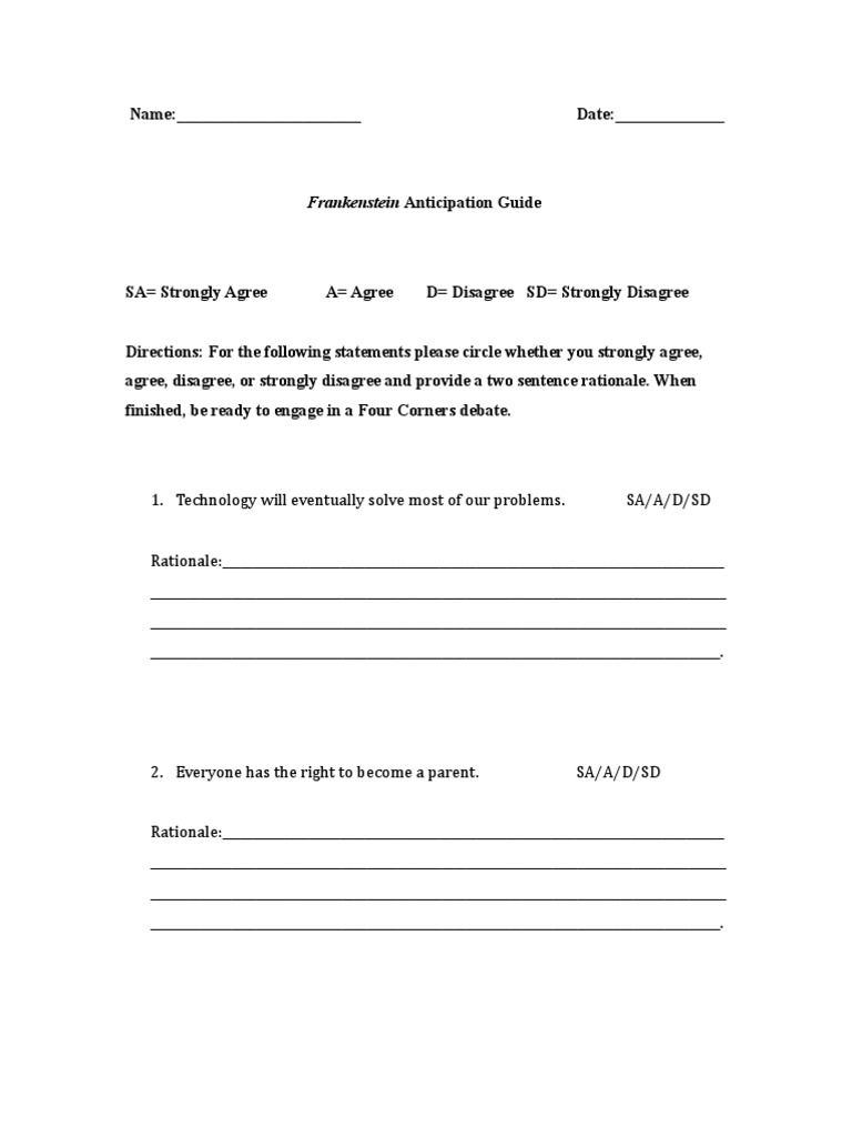 Frankenstein Anticipation Guide | PDF | Psychological Concepts