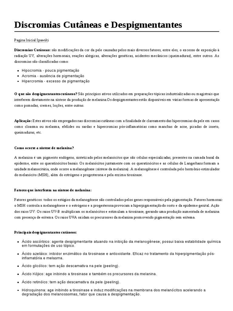 Discromias Cutâneas e Despigmentantes | PDF | Pele | Ultravioleta