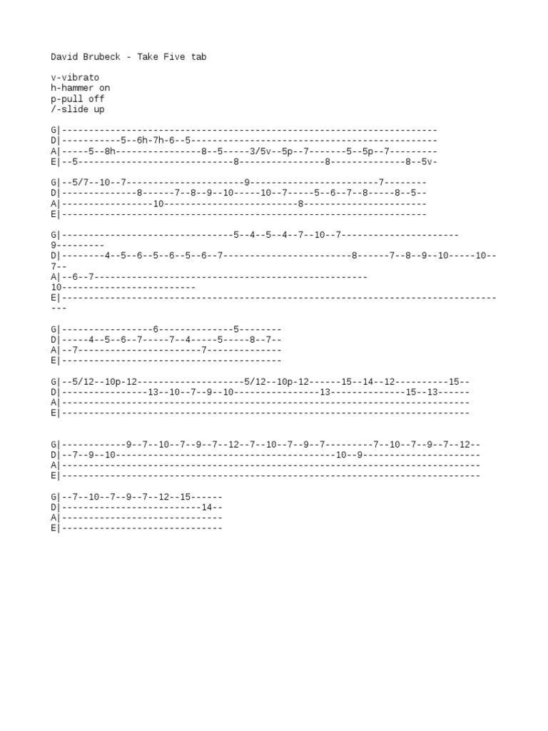 Dave Brubeck - Take Five Bass Tab | PDF | Musical Compositions ...
