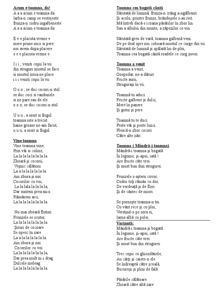 Versuri cantece toamna