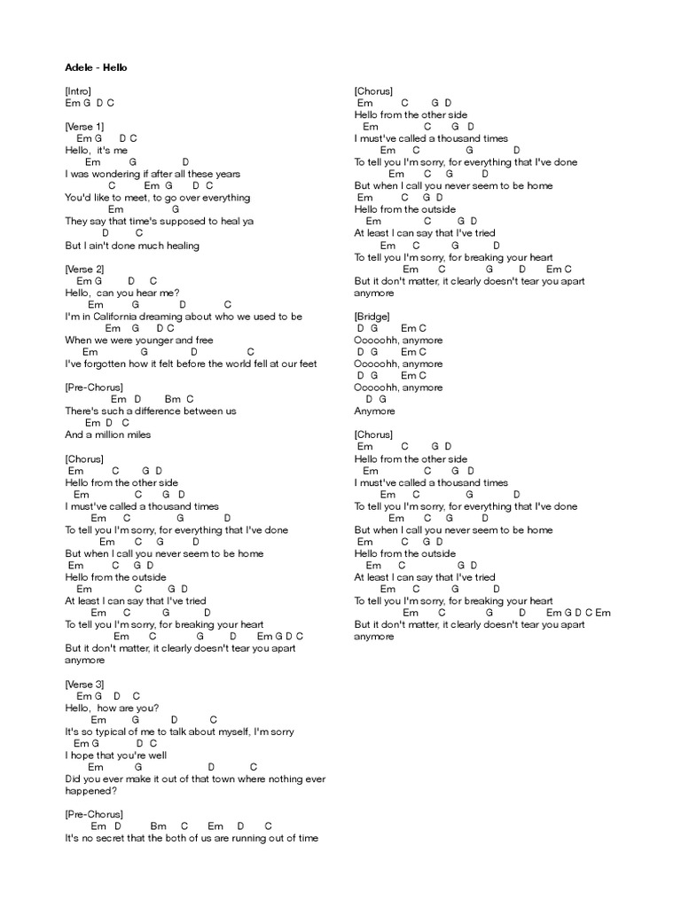 Adele - Hello | PDF | Song Structure | Songs