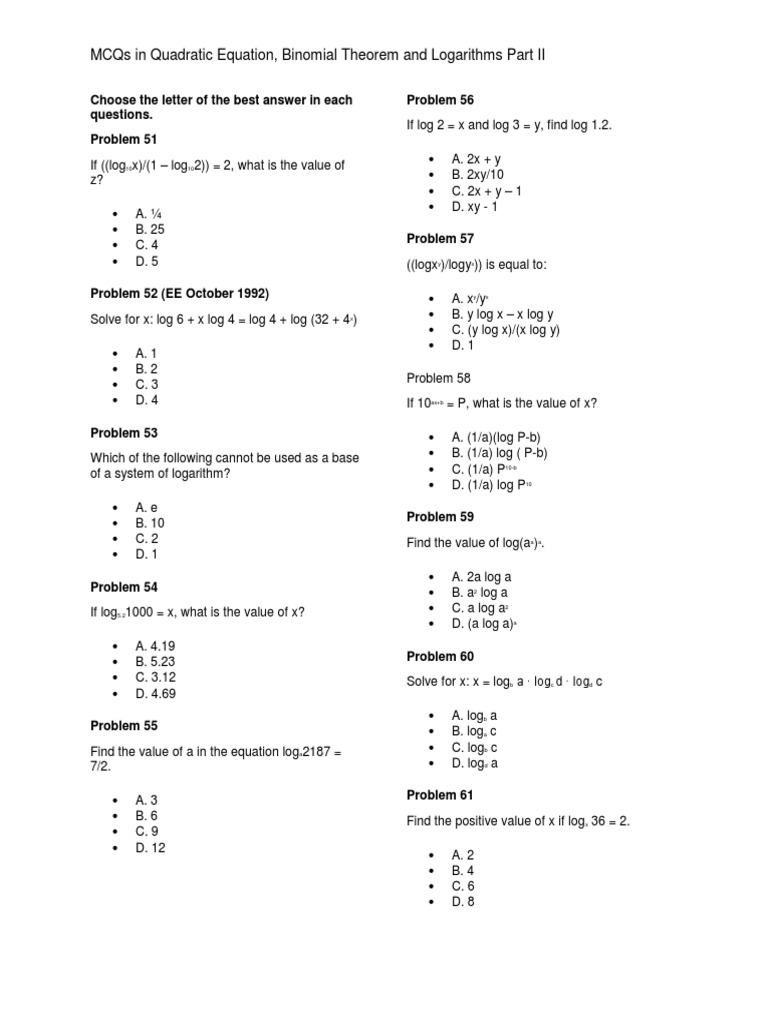 MCQs in Quadratic Equation, Binomial Theorem and Logarithms Part II | PDF | Logarithm ...