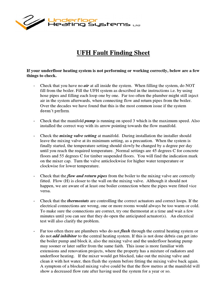 Fault Finding Sheet Underfloor Heating Systems | PDF | Thermostat ...