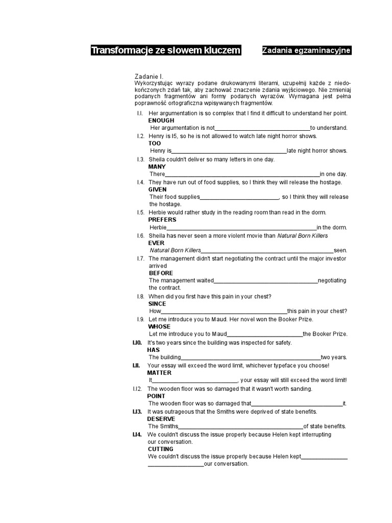 Transformacje Ze Słowem Kluczem: Zadania Egzaminacyjne | PDF