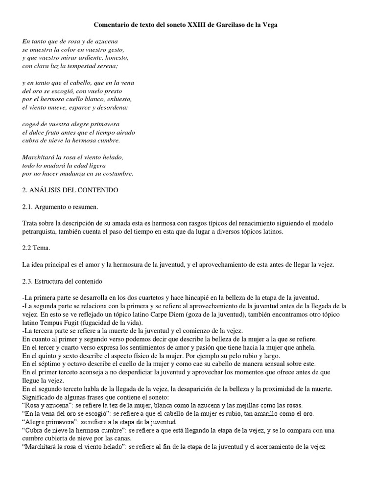 Comentario de Texto Del Soneto XXIII de Garcilaso de La Vega | PDF ...