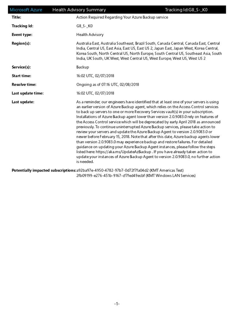Microsoft Azure Issue Summary G8 S - K0 | PDF | Microsoft Azure | Backup