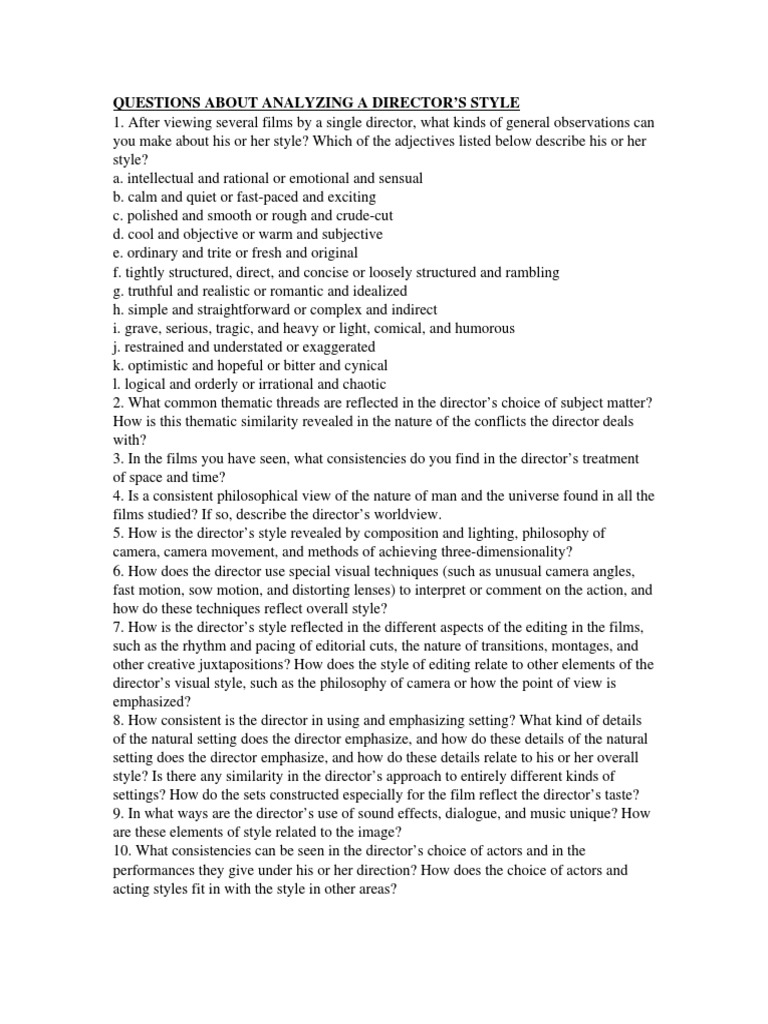 Questions About Analyzing A Directors Style | PDF | Newspaper And ...