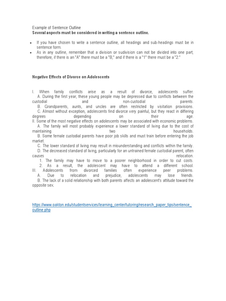 Sentence Outline on Divorce Effects | PDF | Adolescence | Divorce