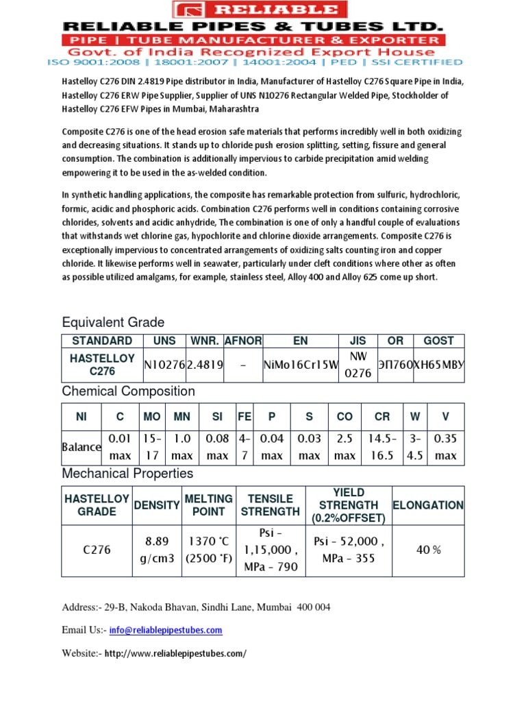 Equivalent Grade: Standard UNS Wnr. Afnor EN JIS OR Gost Hastelloy C276 ...