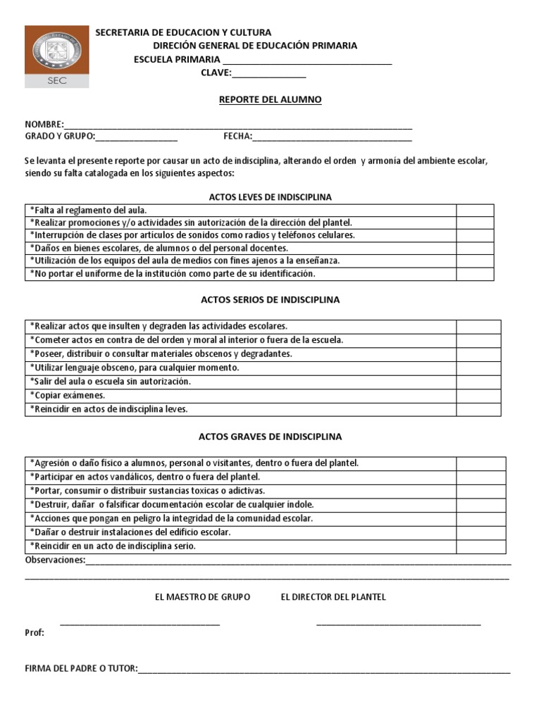 Reporte Del Alumno | Salón de clases | Modificación de comportamiento