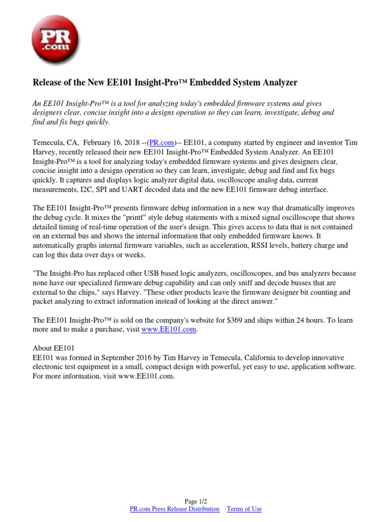 Release of The New EE101 Insight-Pro™ Embedded System Analyzer | PDF ...