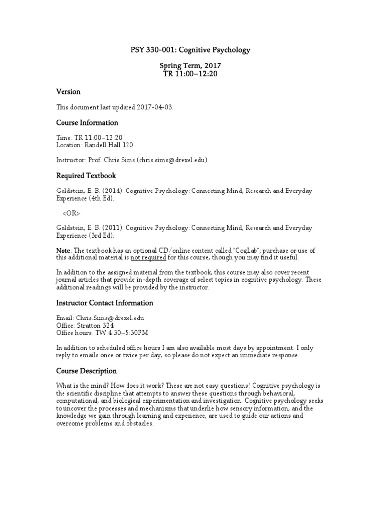 PSY 330-001 Syllabus | Download Free PDF | Quiz | Cognitive Psychology