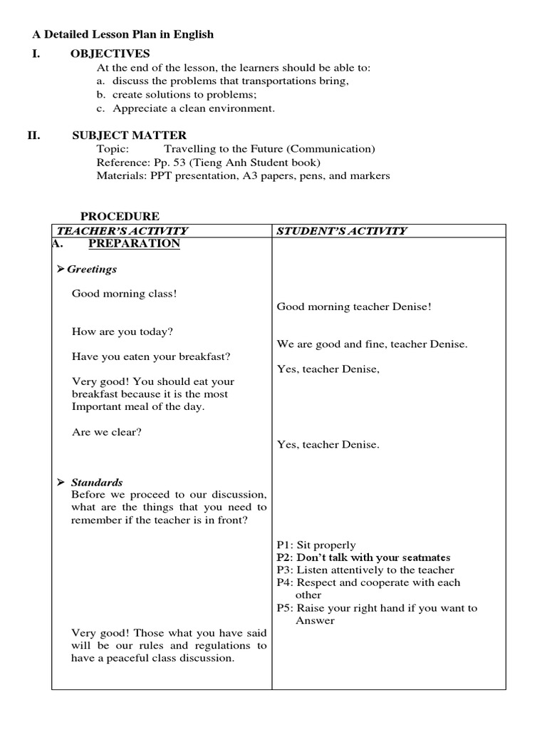 Teacher'S Activity Student'S Activity: A Detailed Lesson Plan in ...