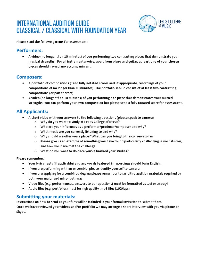 Audition Guide for Music Applicants | PDF