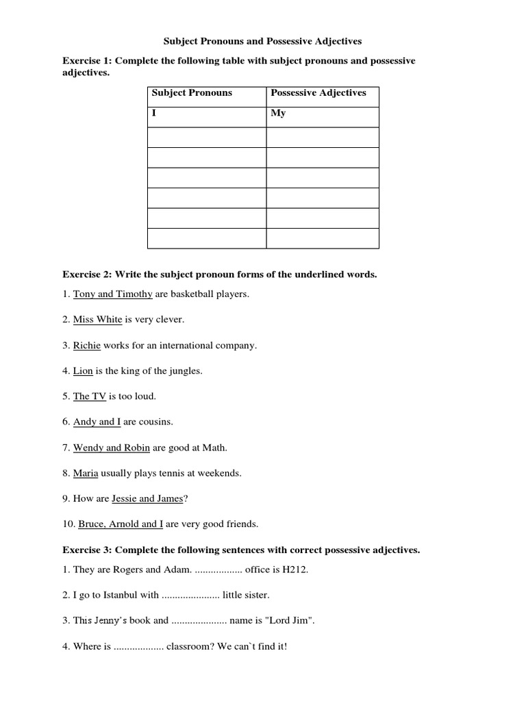 Subject Pronouns & Possessive Adjectives Worksheet | PDF | Morphology ...