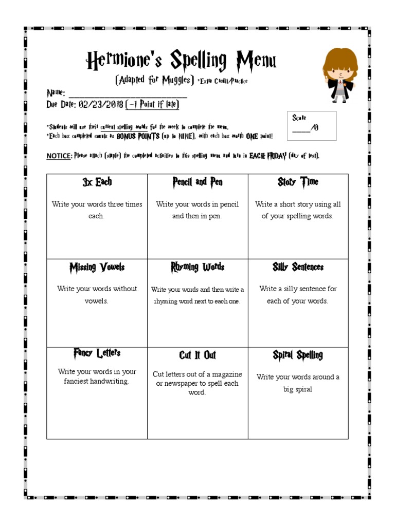 Spelling Menu Week 5 | PDF