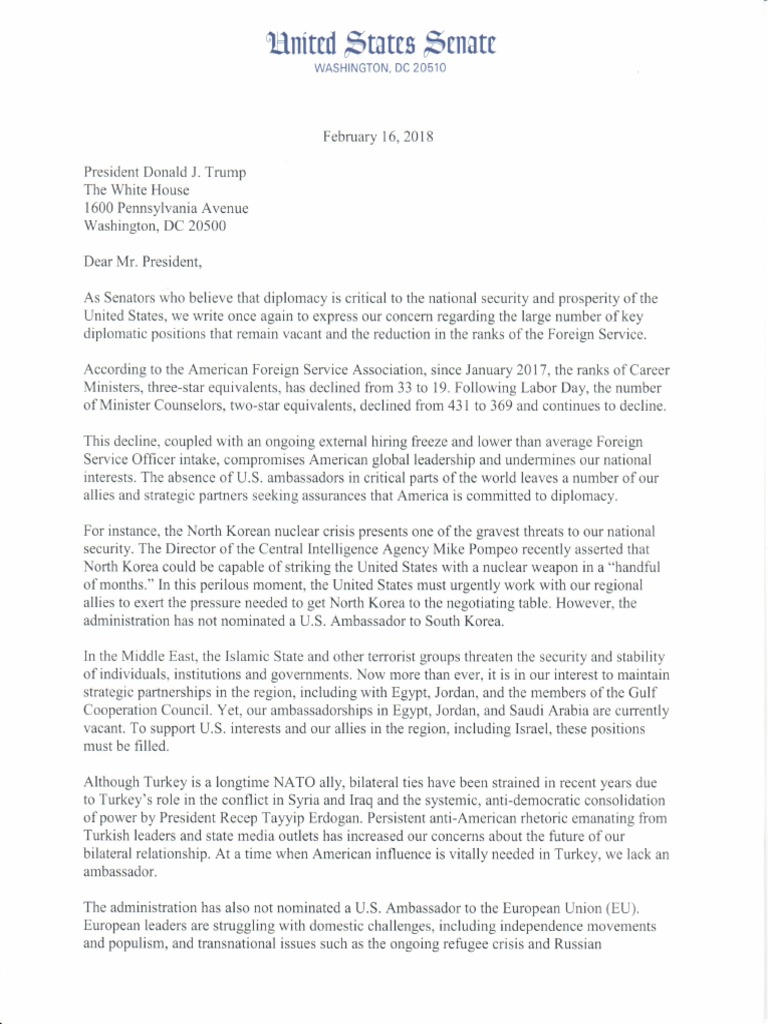 Letter to POTUS on State Dept Vacancies