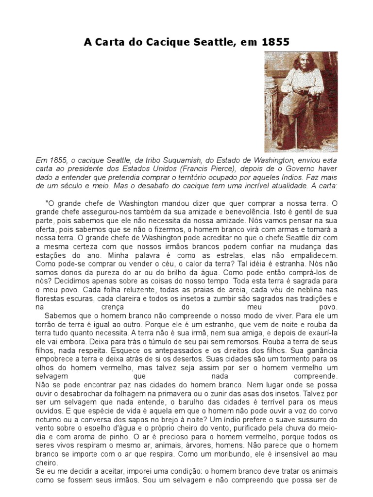 A Carta do Cacique Seattle de 1855: Uma Poderosa Defesa da Terra, dos ...