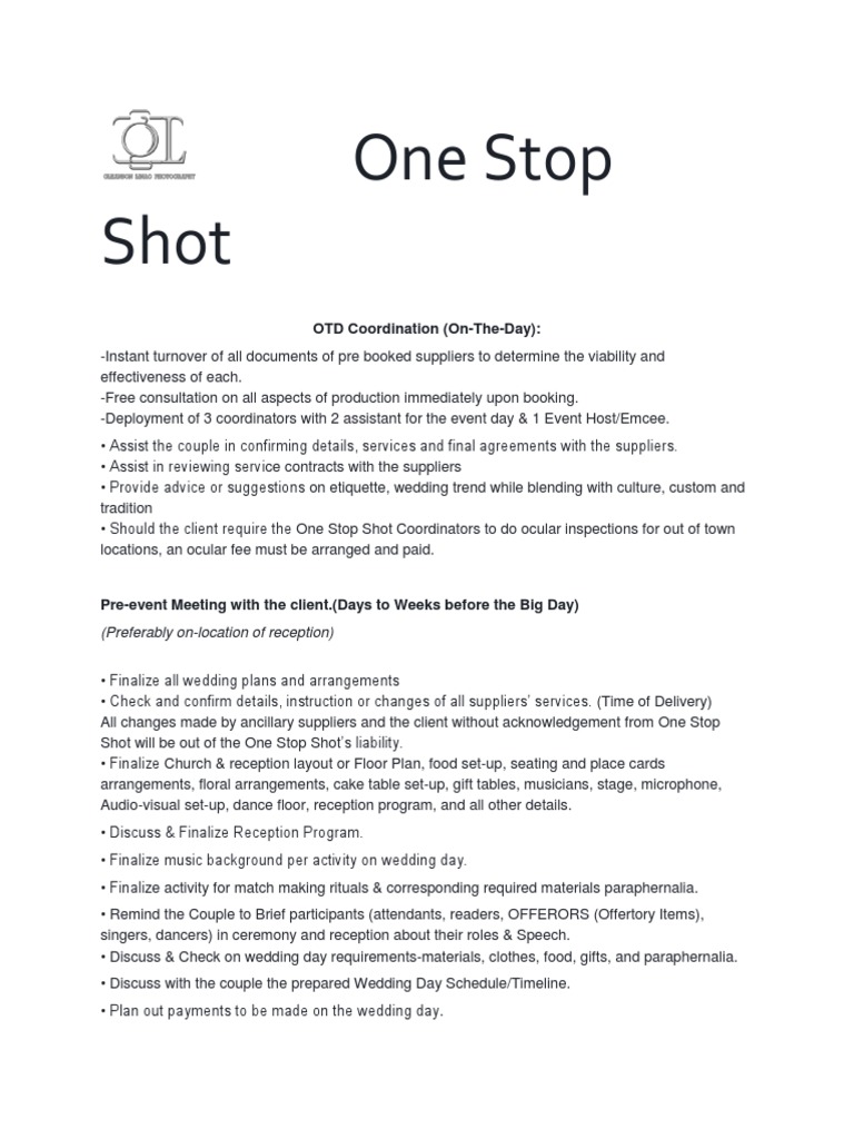 One Stop Shot: OTD Coordination (On-The-Day) | PDF | Wedding | Bride