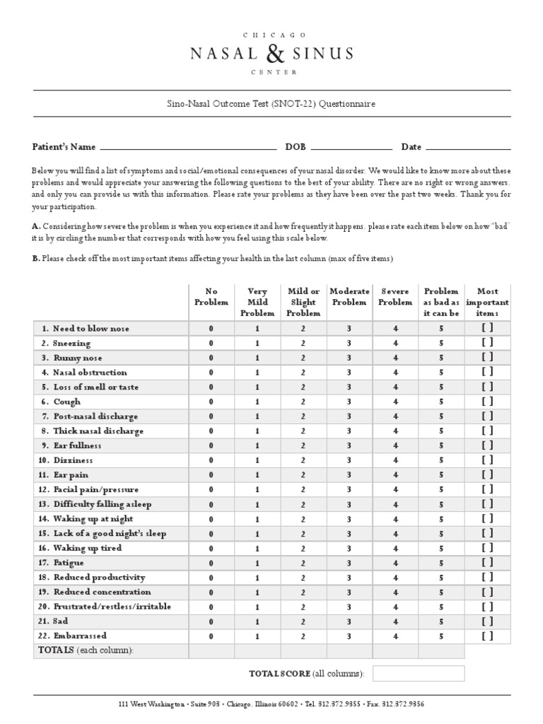 Sino-Nasal Outcome Test (SNOT-22) Questionnaire: Patient's Name Date ...