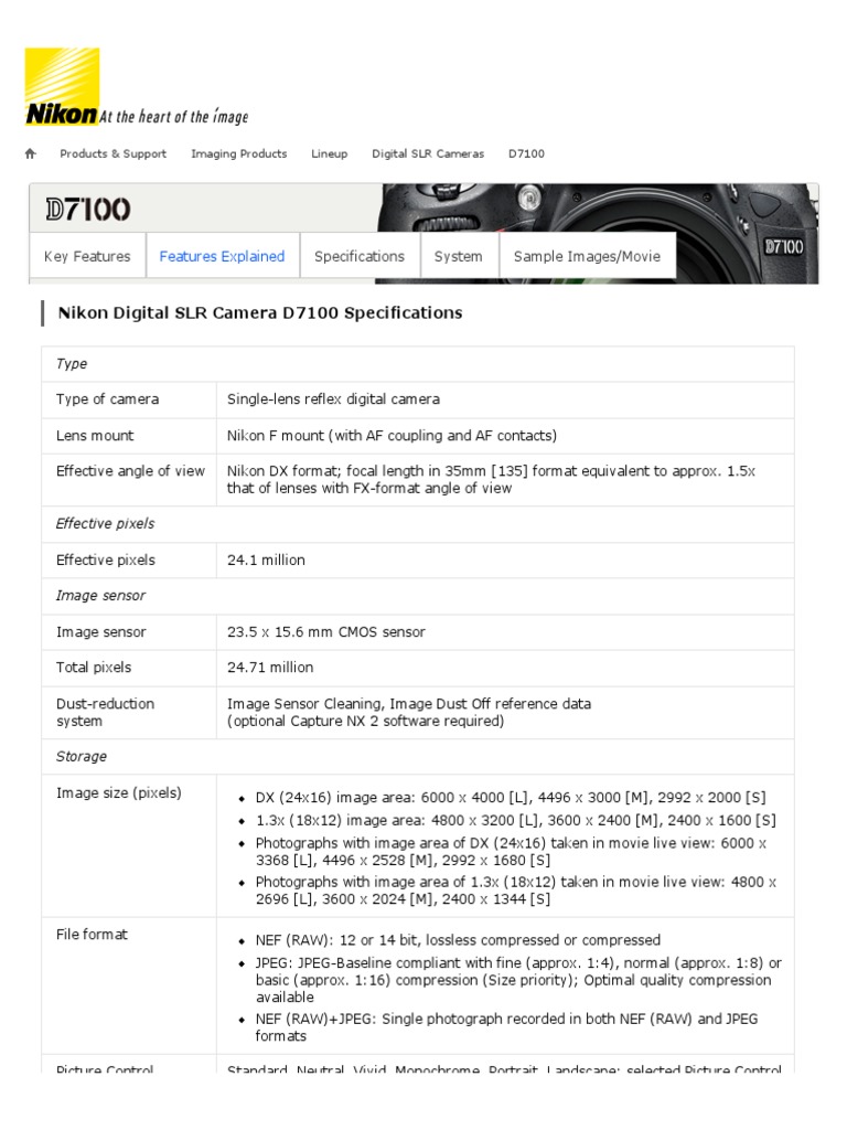 Nikon d7100 Specifications PDF | PDF | Autofocus | Digital Camera