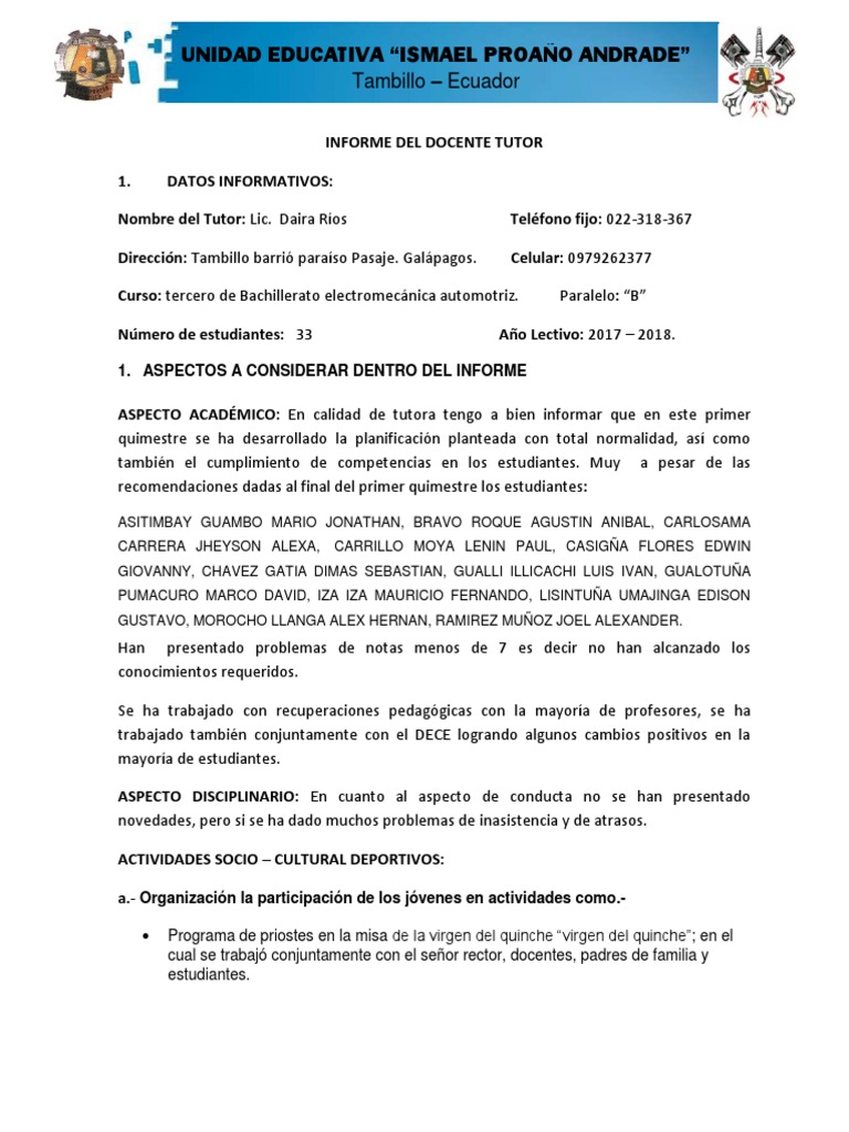 Primer Quimestre Informe Del Tutor 2018 | PDF