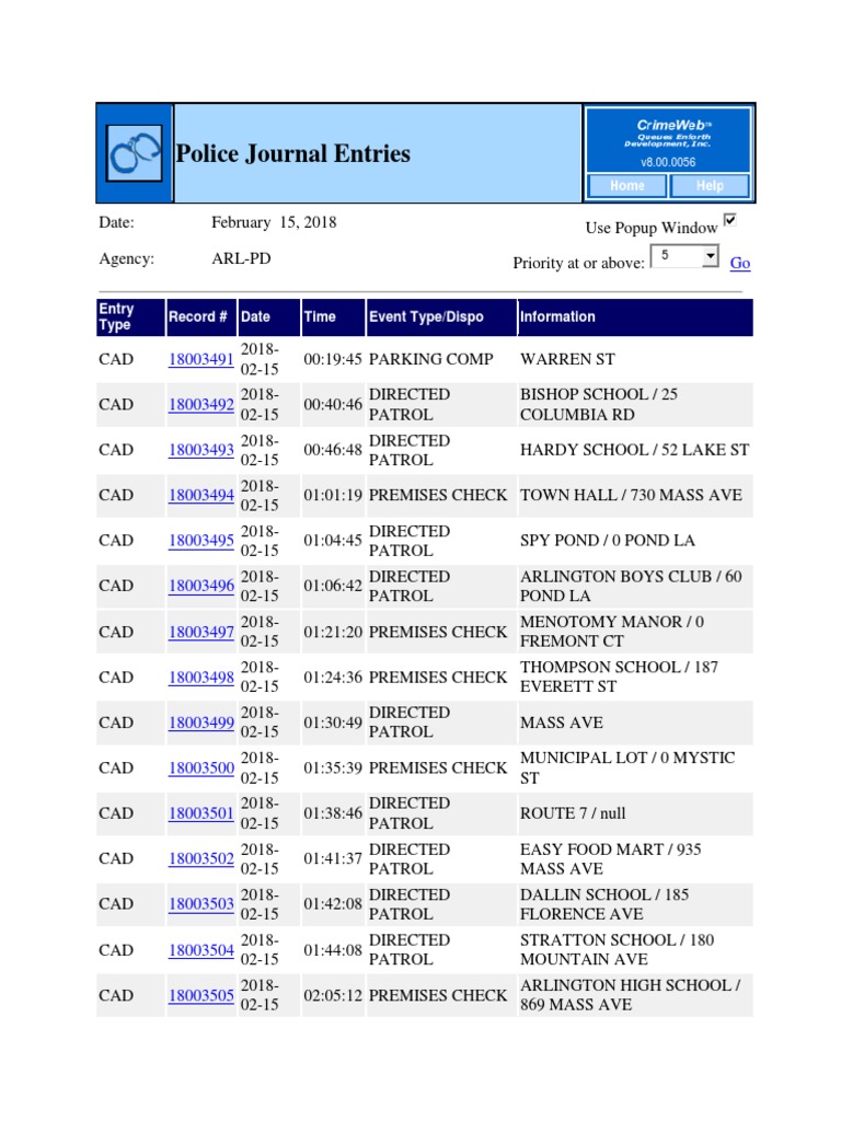 Police Journal Entries: Entry Type Record # Date Time Event Type/Dispo ...