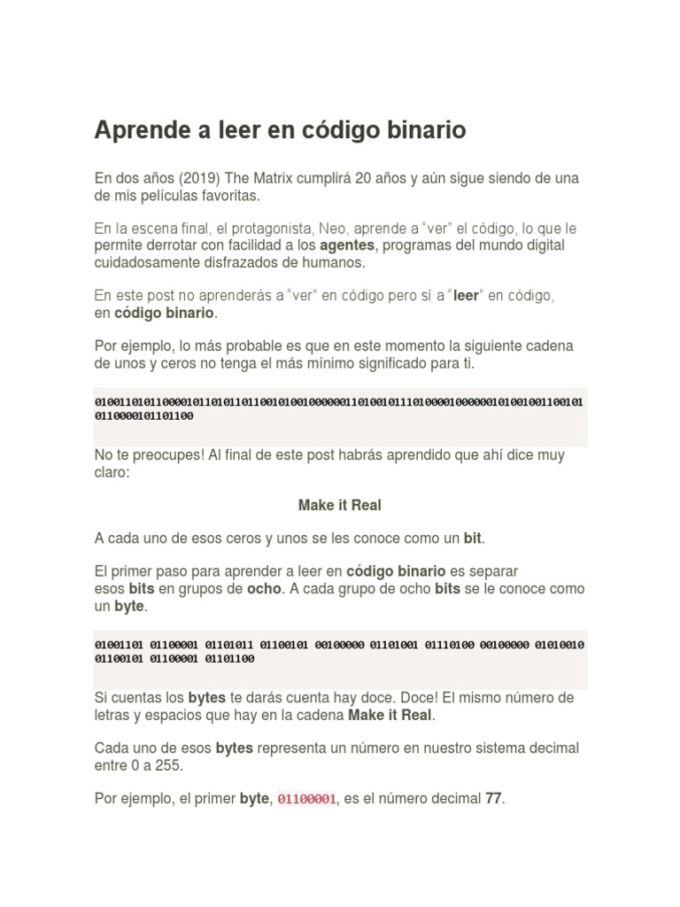 Aprende a Leer en Código Binario | PDF | Ascii | Byte
