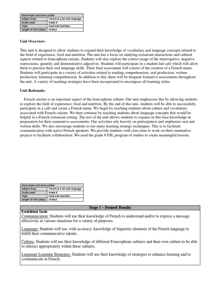 Grade 8 French Food & Nutrition Unit | PDF | Educational Assessment ...