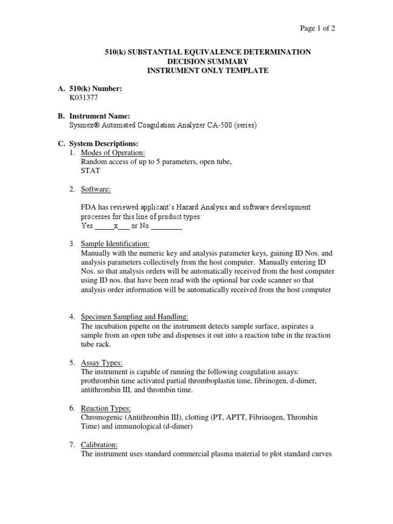 510 (K) SUBSTANTIAL EQUIVALENCE DETERMINATION | Coagulation | Computing ...