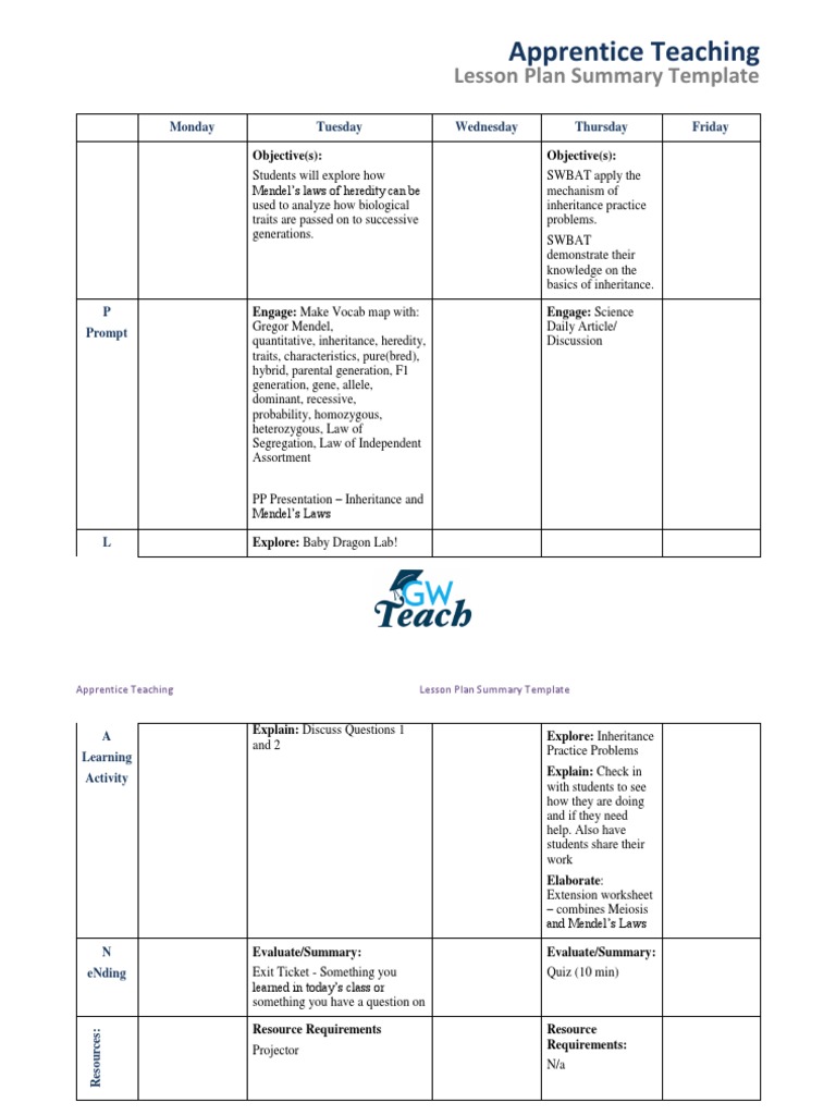 Apprentice Teaching: Lesson Plan Summary Template | PDF | Heredity ...