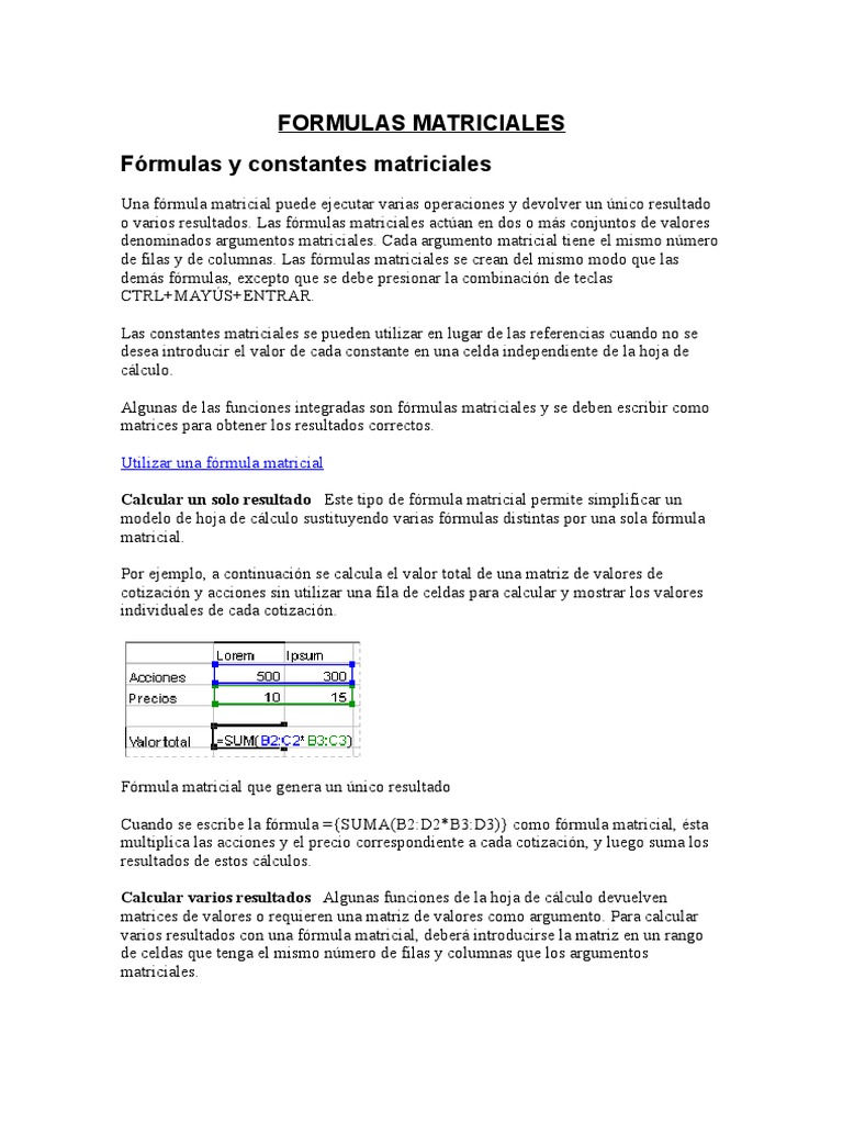 Fórmulas Matriciales en Excel | PDF | Matriz (Matemáticas) | Hoja de ...
