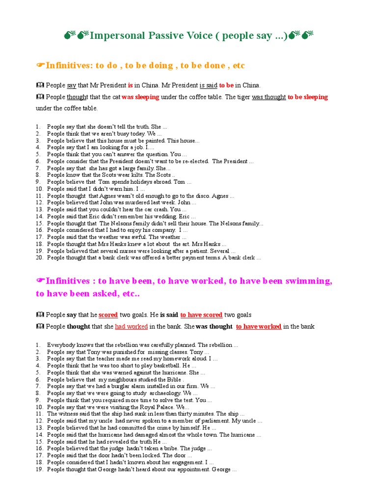 Impersonal Passive Voice Grammar Drills