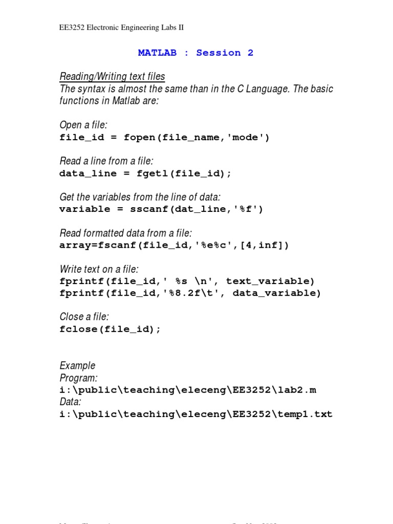 MATLAB: Session 2: EE3252 Electronic Engineering Labs II | PDF ...