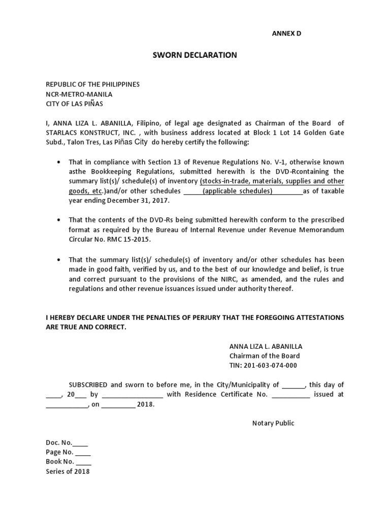 Sworn Declaration: Annex D | PDF