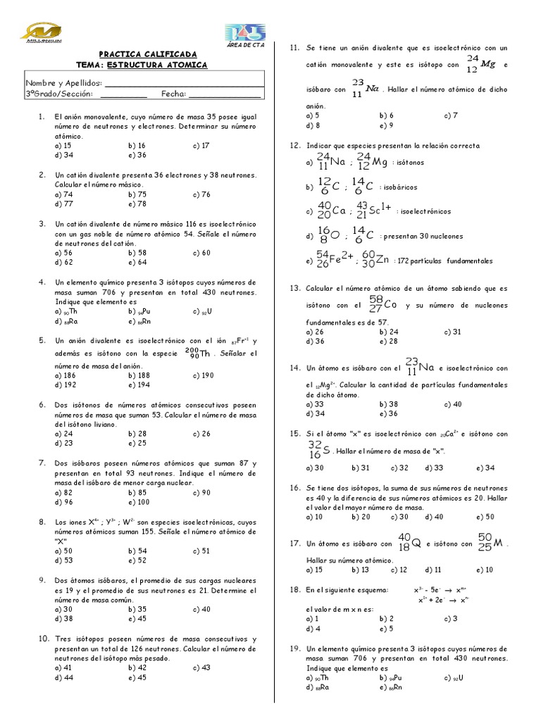 Practica Isotopos Isotonos Isobaron 5ta Clase Pdf Isótopo Neutrón