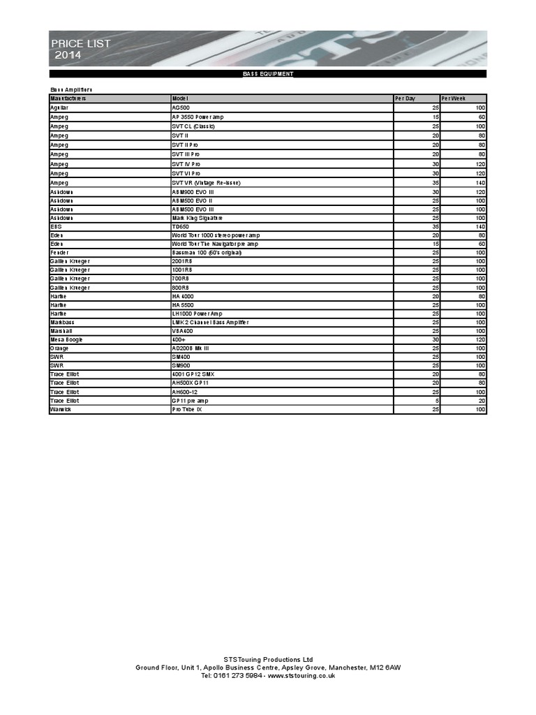 Backline Hire Price List | PDF | Guitars | Musical Instruments