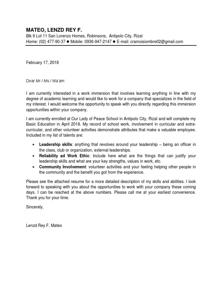 Work Immersion Application Letter | PDF