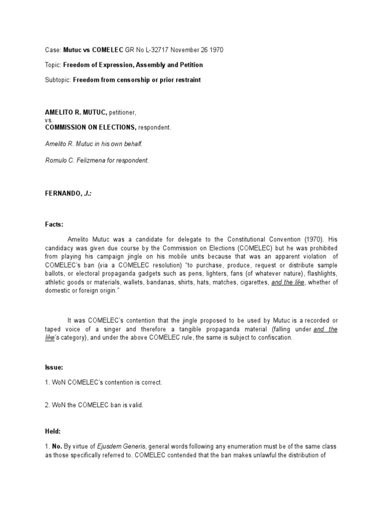 Case Digest Mutuc Vs COMELEC GR No L 32717 November 26 1970 | PDF ...