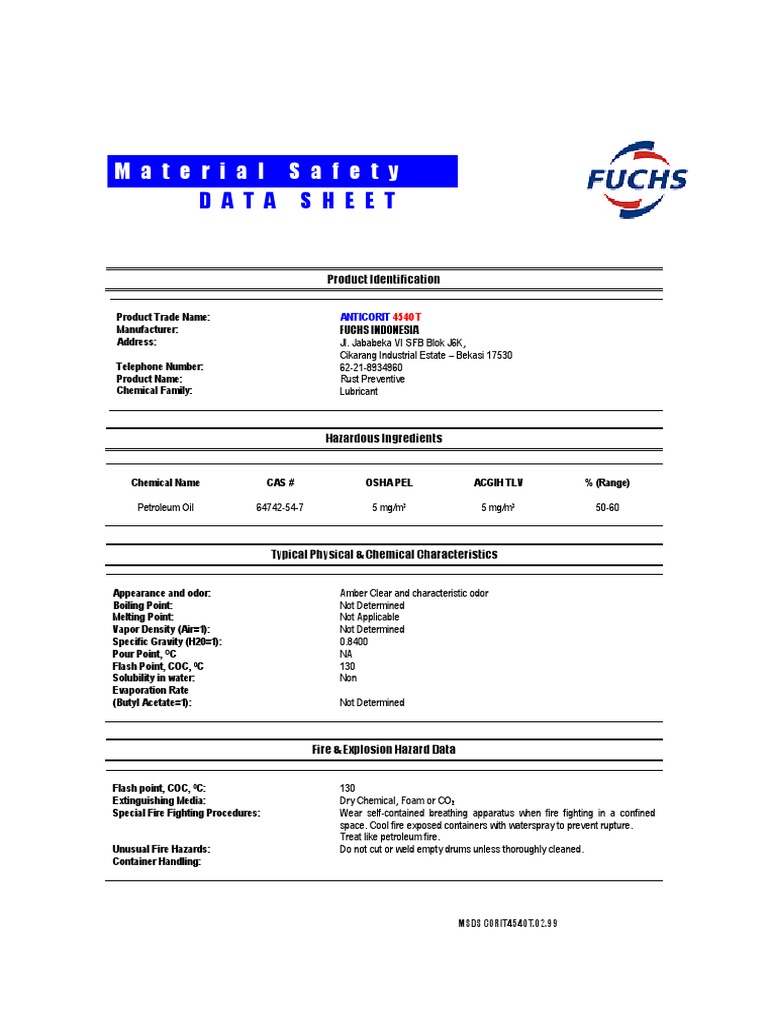 MSDS Anticorit 4540T | PDF | Sulfur | Fires